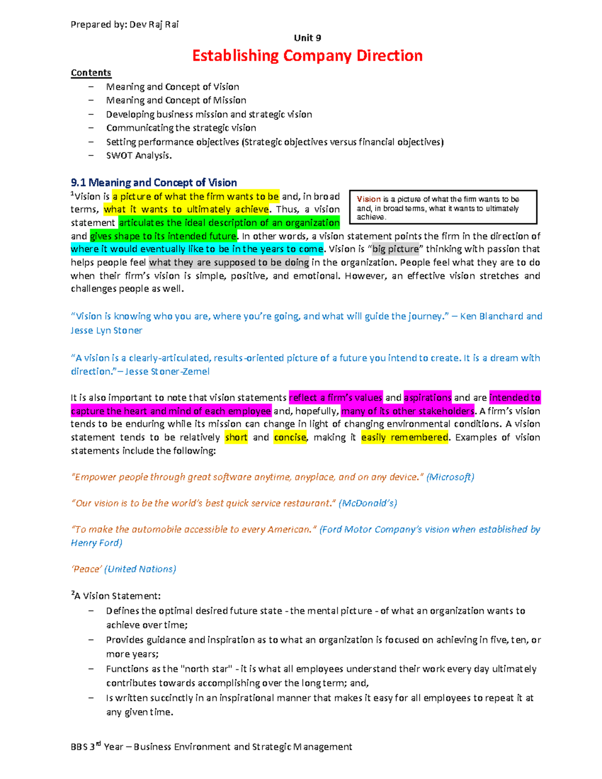 Establishing Company Directionketing - Unit 9 Establishing Company ...