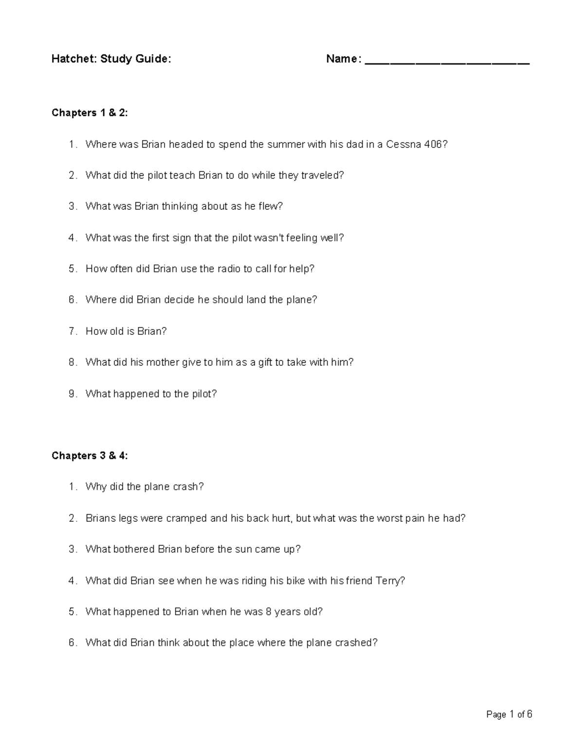 SG - Hatchet - Hatchet: Study Guide: Name ...