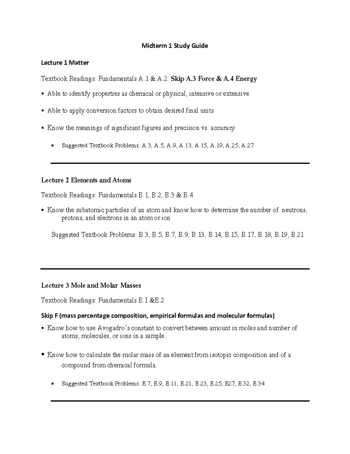 Chem Study Guide Midterm 1 - **Midterm 1 Study Guide ** **Lecture 1 Matter ** Textbook Readings ...