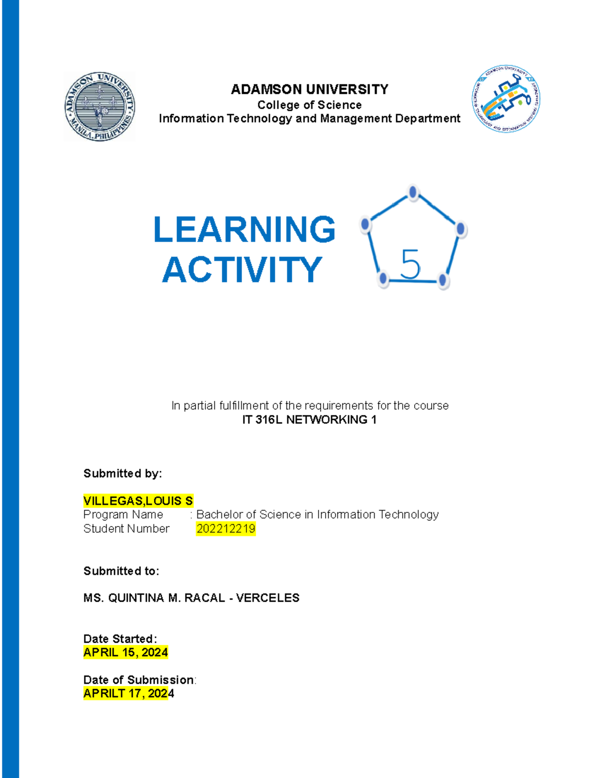 IT 316L Learning Activity 5 - ADAMSON UNIVERSITY College of Science ...