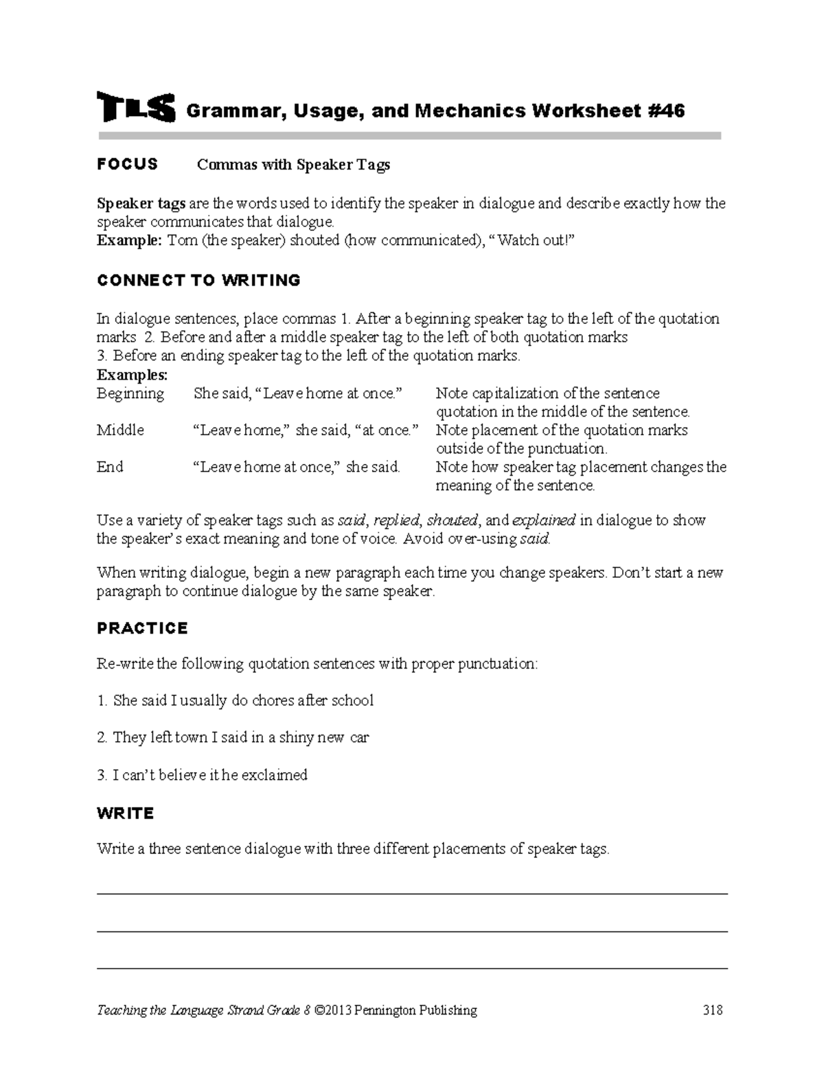 Mechanics-Worksheets - FOCUS Commas with Speaker Tags Speaker tags are ...