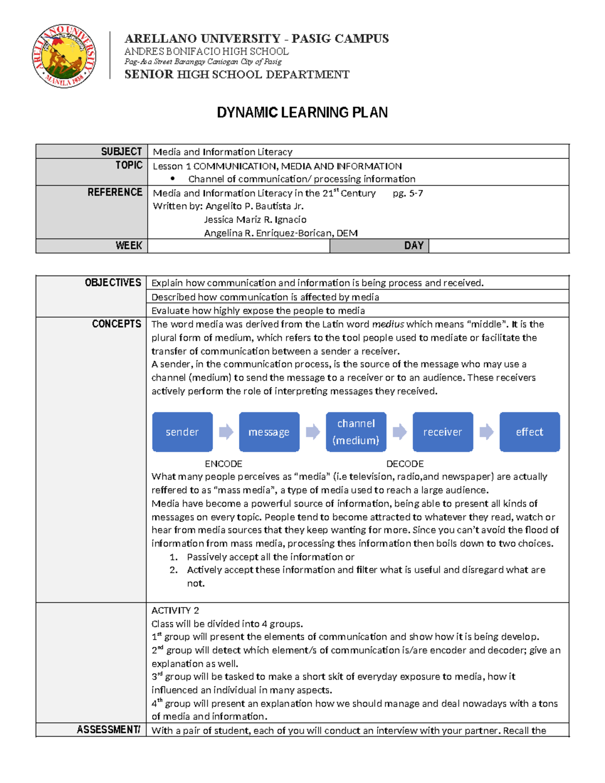 DLP 1 - ARELLANO UNIVERSITY - PASIG CAMPUS ANDRES BONIFACIO HIGH SCHOOL ...