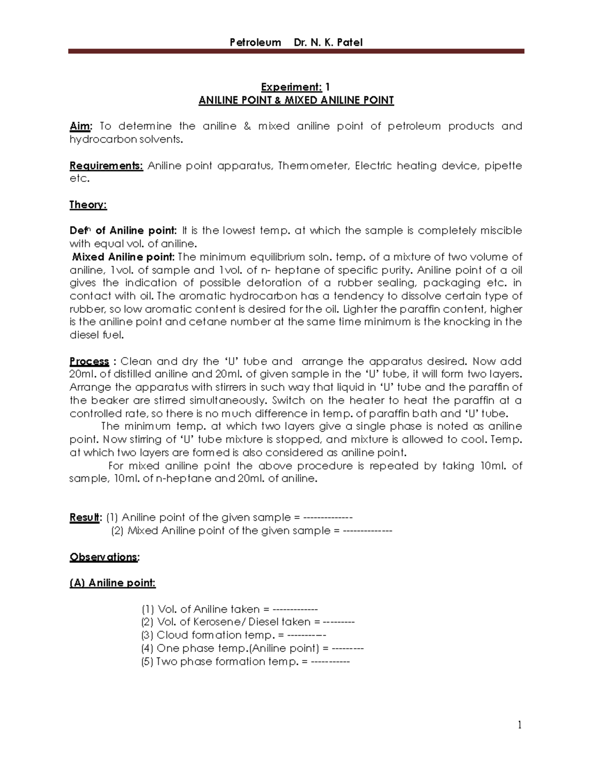 Petroleum - 0000 - Experiment: 1 ANILINE POINT & MIXED ANILINE POINT ...