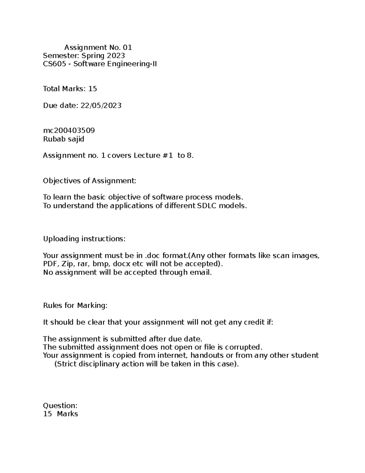 Cs 605 Assignment Assignment No 01 Semester Spring 2023 Cs605 Software Engineering Ii 