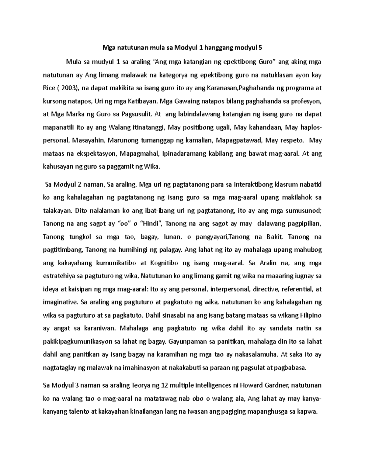 Mga natutunan mula sa Modyul 1 hanggang modyul 5 - At ang labindalawang ...