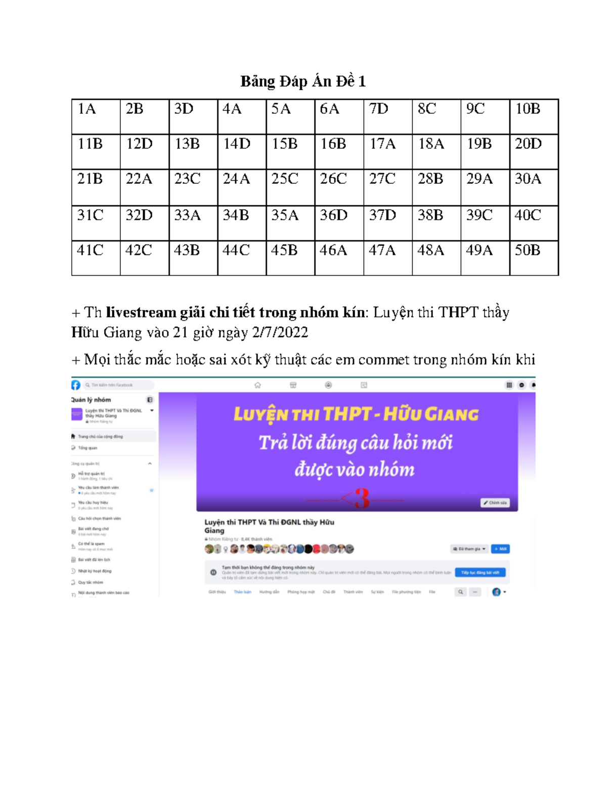 Bảng Đáp Án Đề 1 - cho đại :( - Bảng Đáp Án Đề 1 1A 2B 3D 4A 5A 6A 7D ...