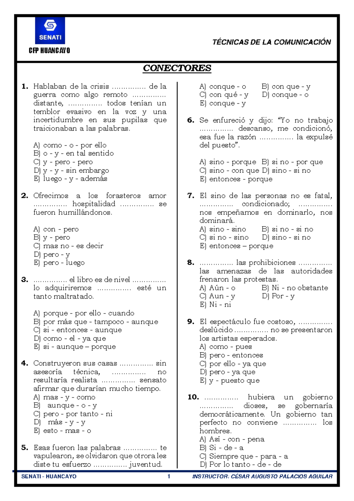 Práctica DE Conectores - TÉCNICAS DE LA COMUNICACIÓN SENATI - HUANCAYO ...