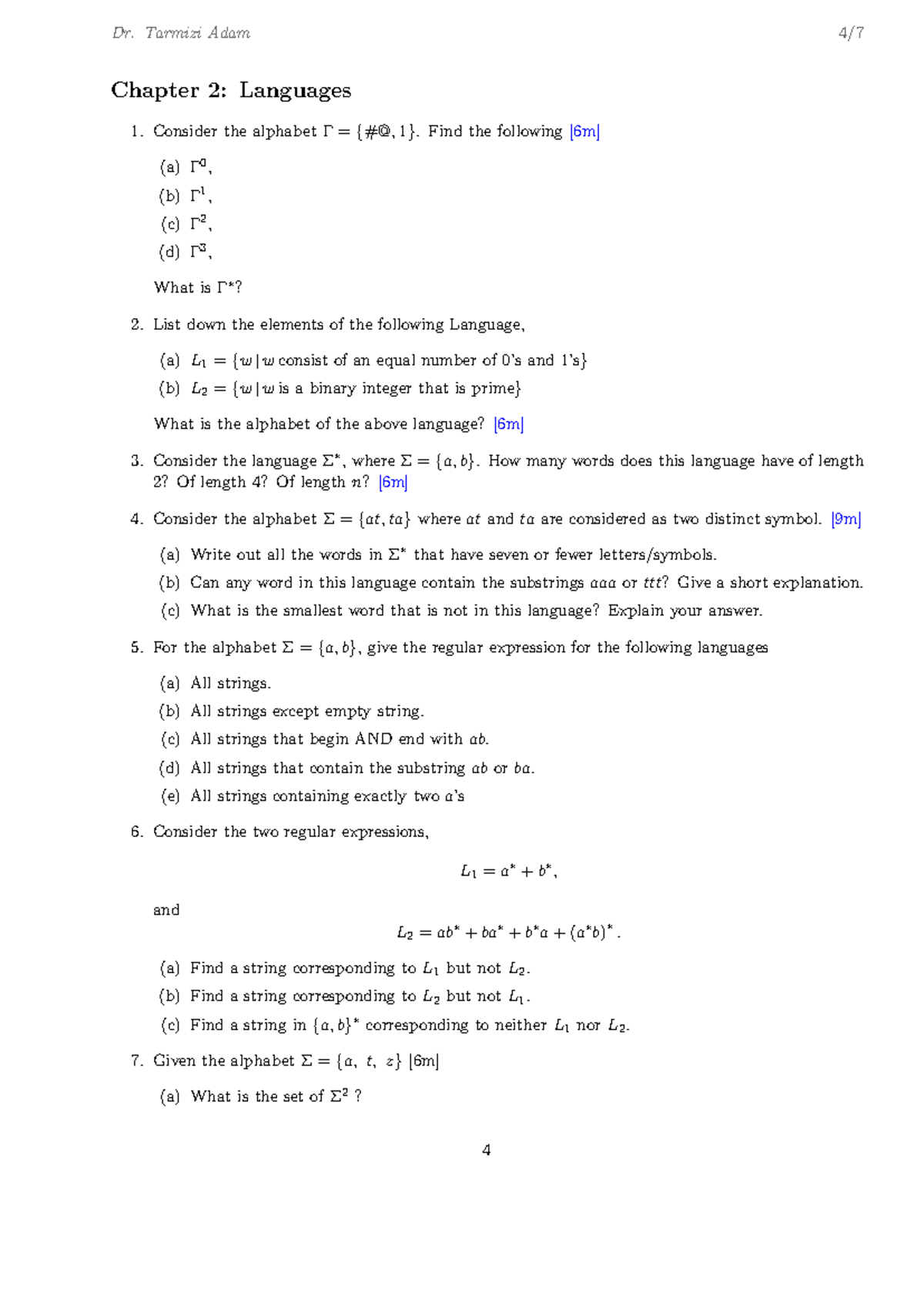 Tutorial 2 TCS - TCS - Dr. Tarmizi Adam 4/ Chapter 2: Languages Consider the alphabet Γ = {#@, 1 ...
