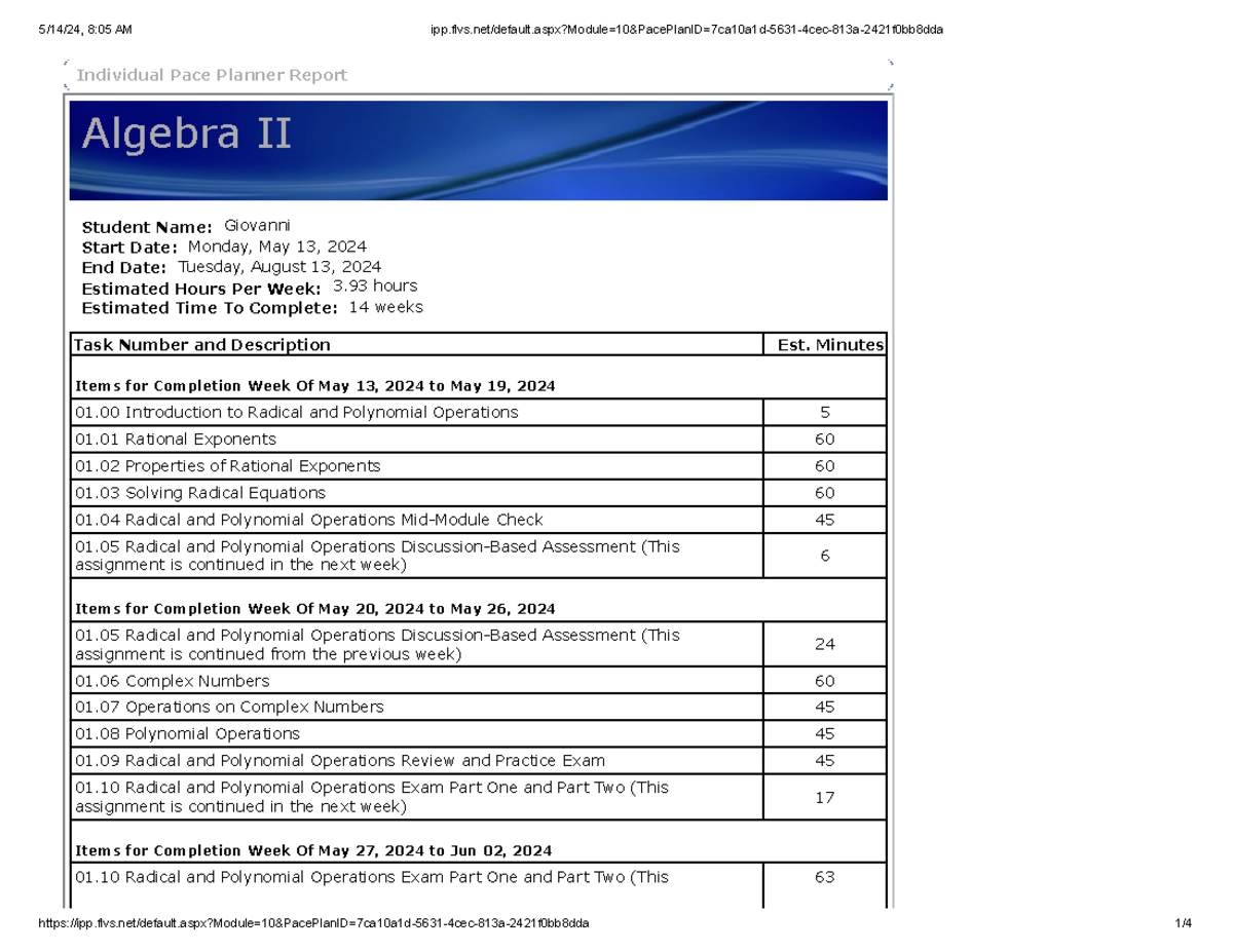 Ipp.flvs - Individual Pace Planner Report Student Name: Giovanni Start ...