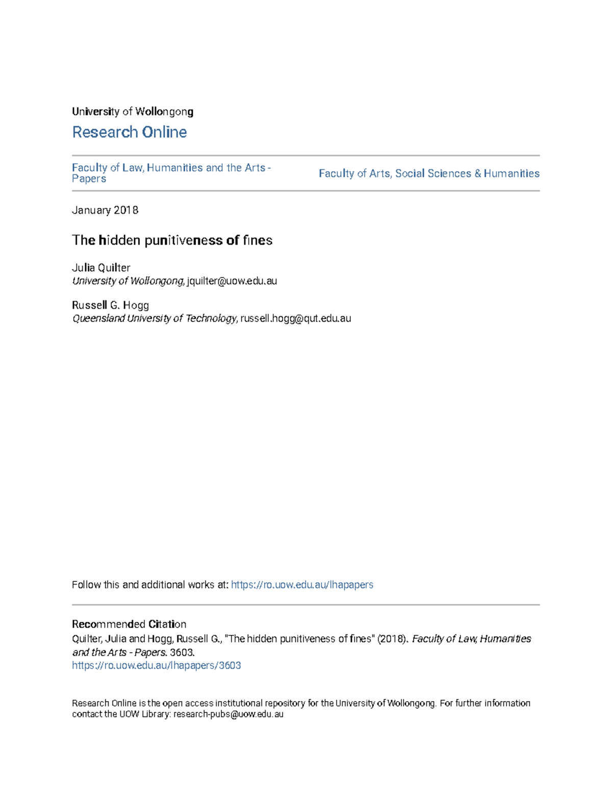 The hidden punitiveness of fines - edu Russell G. Hogg Queensland ...