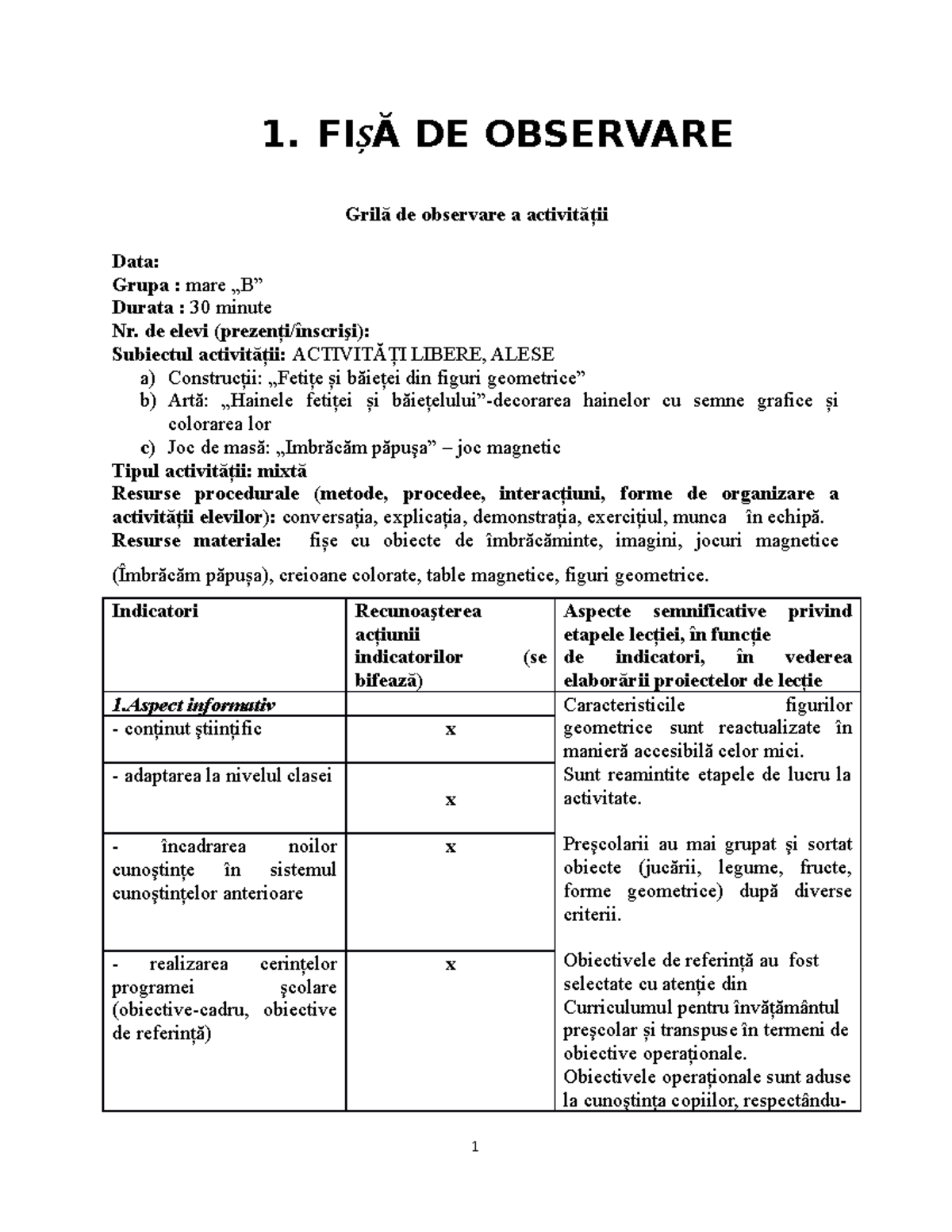 6 - practica pedagogica - 1. FIȘĂ DE OBSERVARE Grilă de observare a ...