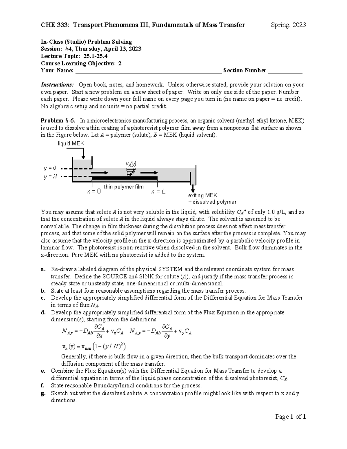 CHE 333 Studio #4 Problems 4-13-23 - CHE 333: Transport Phenomena III, Fundamentals of Mass ...