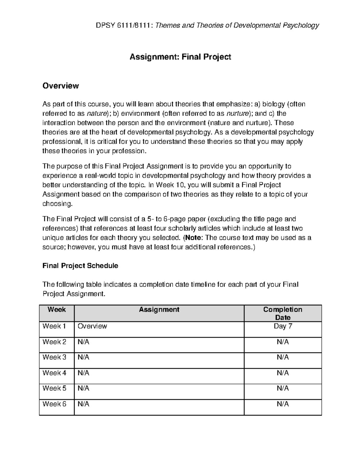 DPSY 6111 Wk 1 Assignment Final Project Overview - Assignment: Final Project Overview As part of ...