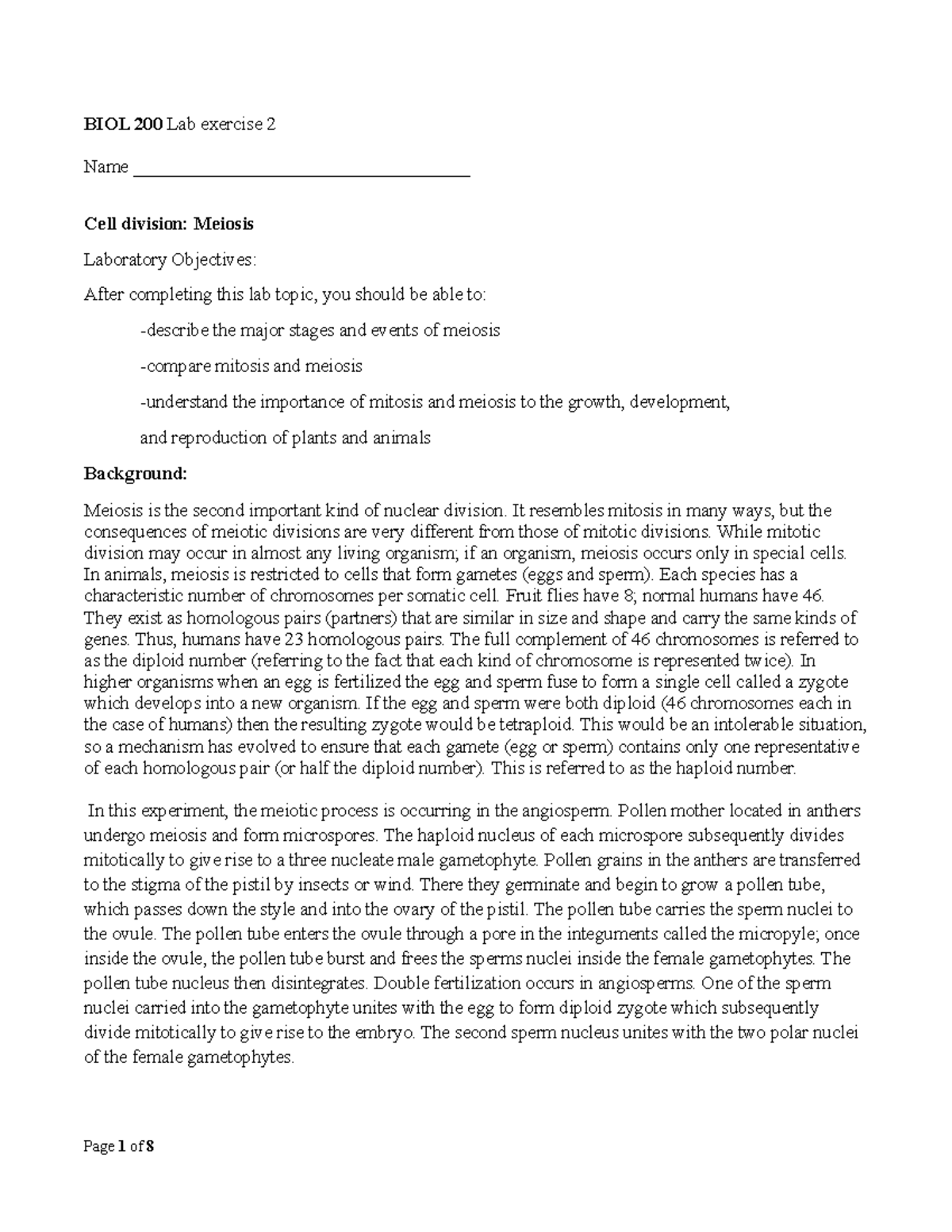 BIOL 200 Lab exercise 2- Meiosis - BIOL 200 Lab exercise 2 Name ...