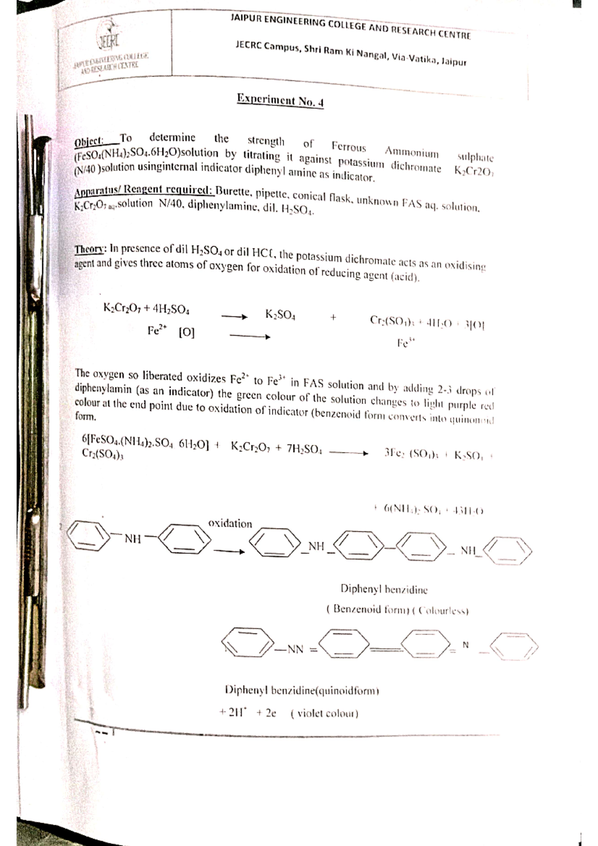 Exp 4 - eng. chemistry exp 4 - JAIPUR ENGINEERING COLLEGE AND RESEARCH CENTRE JECRC Campus, Shri ...