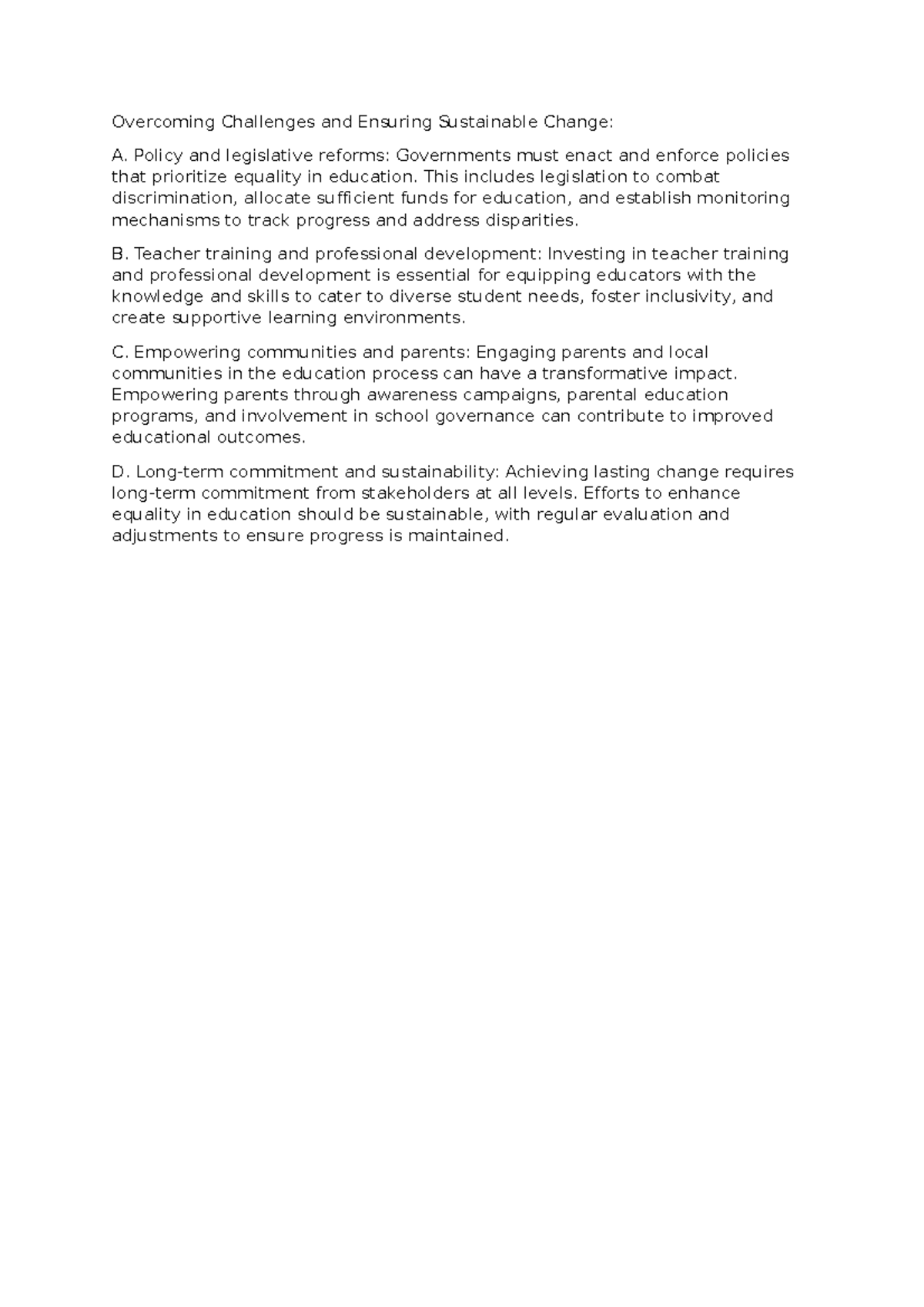 Overcoming Challenges and Ensuring Sustainable Change - Policy and ...