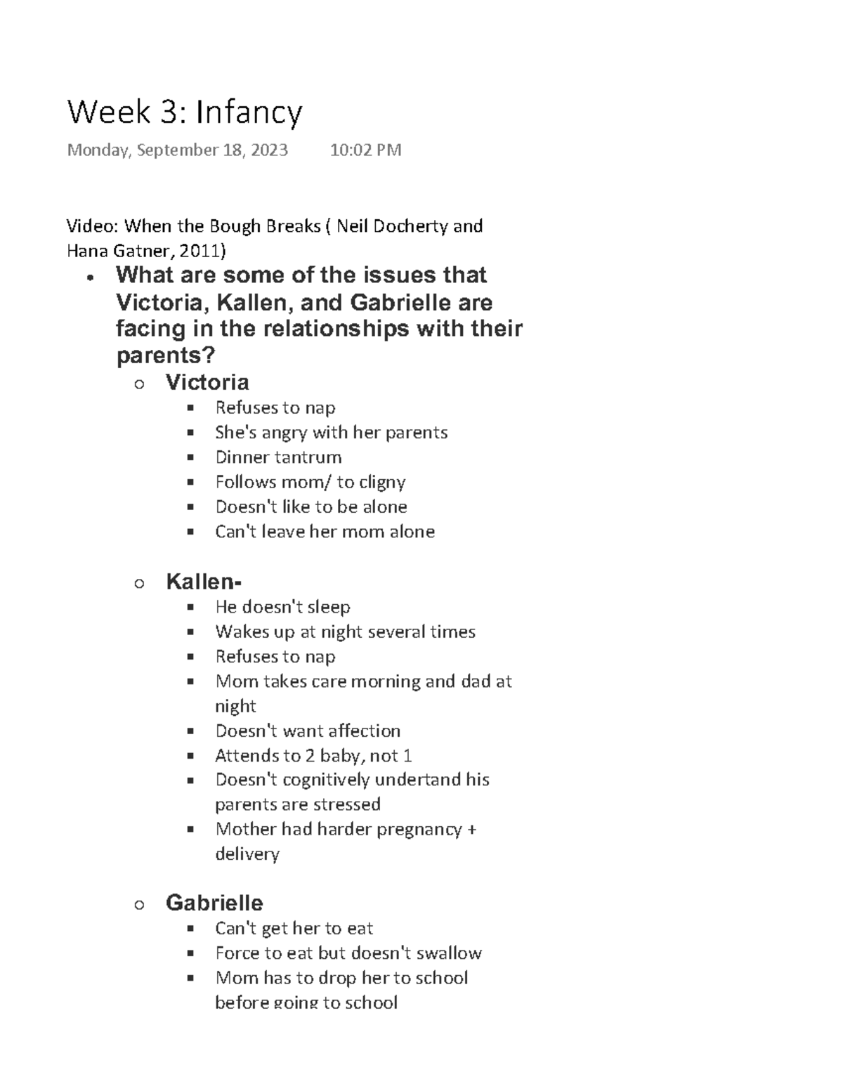 Week 3 Infancy - ASCH 220 - Video: When the Bough Breaks ( Neil ...