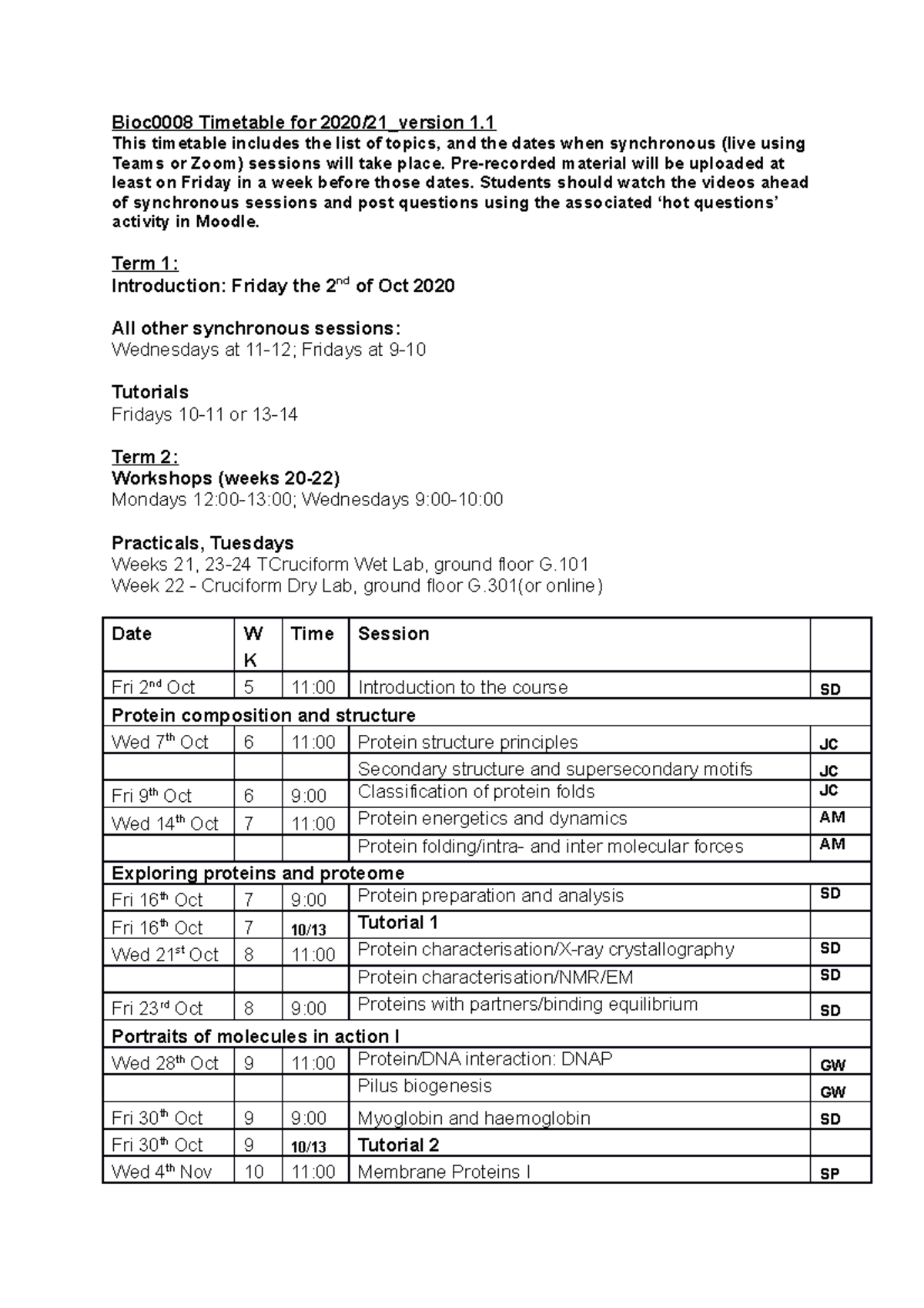 Bioc0008 time-table 2020 2021 moodle - Bioc0008 Timetable for 2020/21 ...