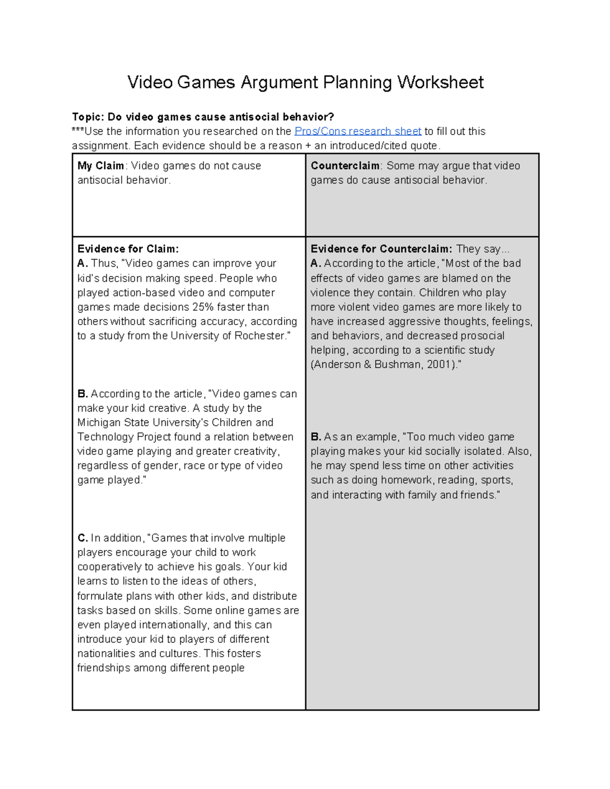 Video Games Argument Planning Worksheet-03246124-3740-498e-889e ...