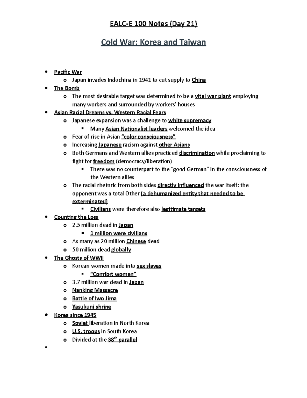 EALC-E 100 Notes (Day 21- Lecture) - EALC-E 100 Notes (Day 21) Cold War ...