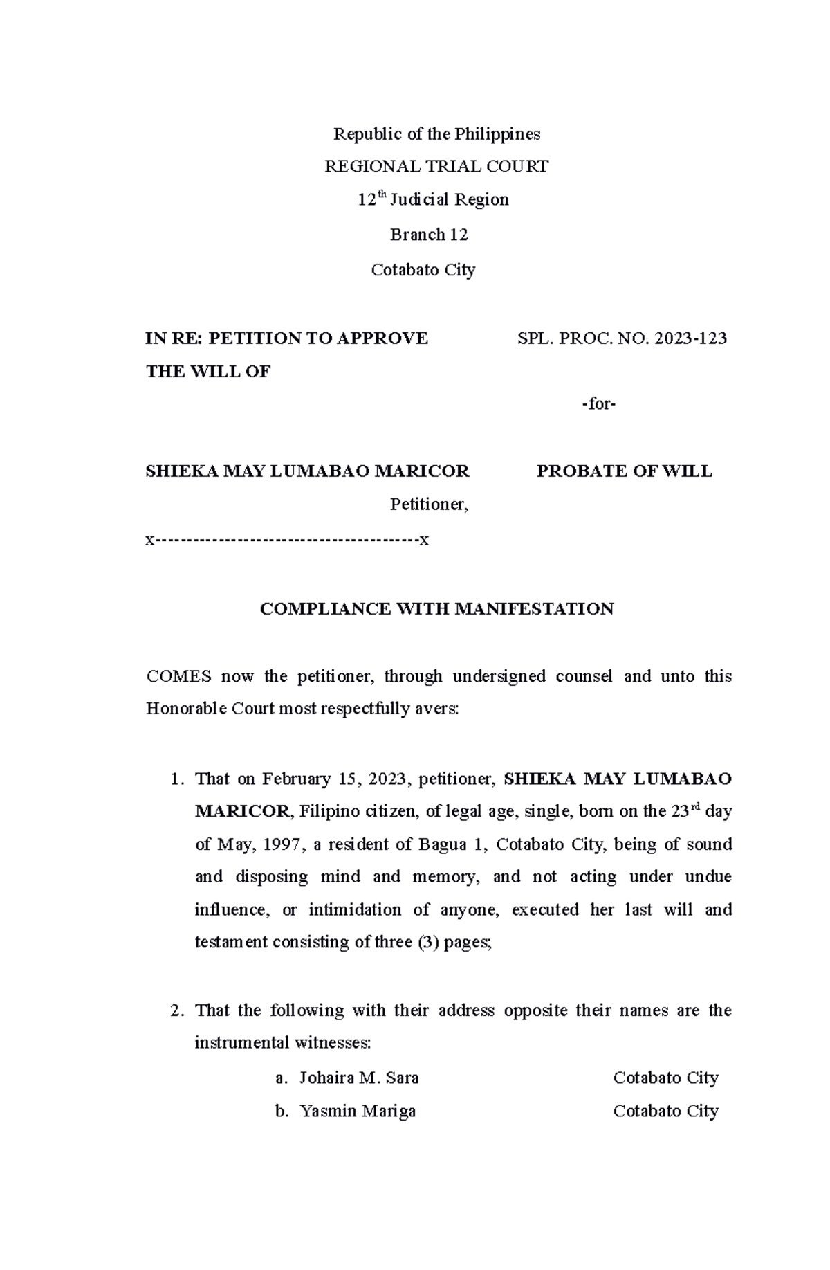 SM - Manifestation - Republic of the Philippines REGIONAL TRIAL COURT ...