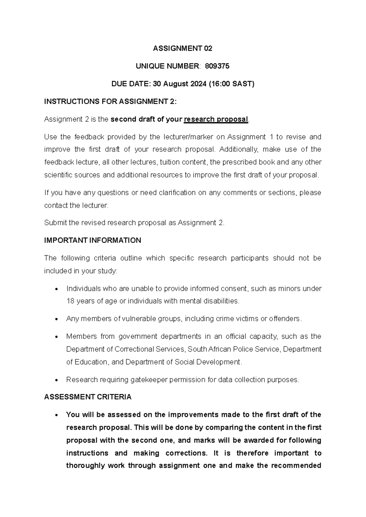 Assignment 02 Instructions - ASSIGNMENT 02 UNIQUE NUMBER: 809375 DUE ...