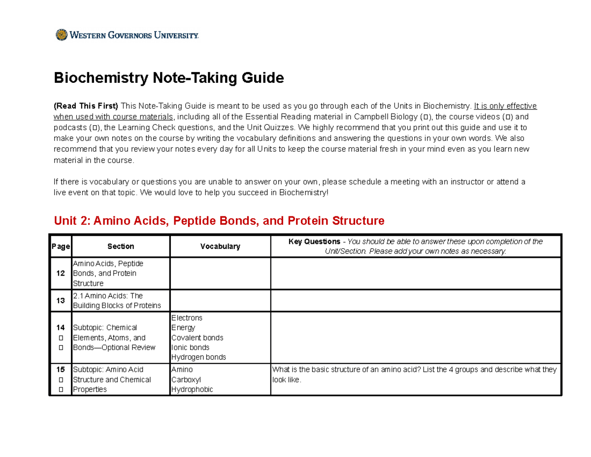 Biochemistry note guide - Biochemistry Note-Taking Guide (Read This ...