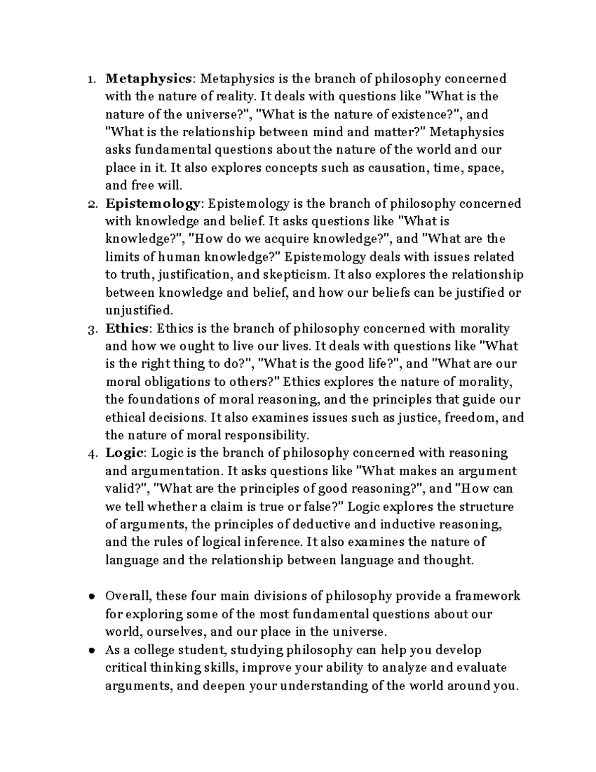 Four Divisions of Philosophy - Metaphysics: Metaphysics is the branch ...