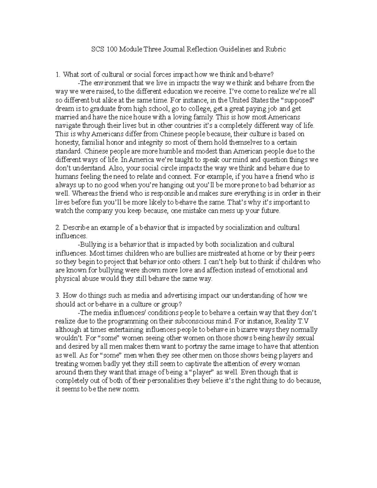 SCS 100 Week 3 Reflection JSM - SCS 100 Module Three Journal Reflection ...