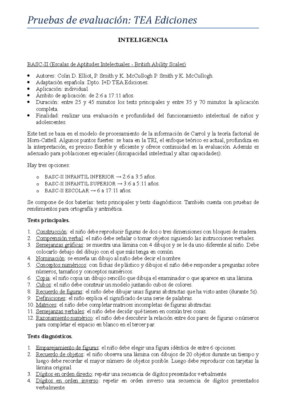 Pruebas de evaluación TEA - Pruebas de evaluación: TEA Ediciones INTELIGENCIA BASC-II (Escalas ...
