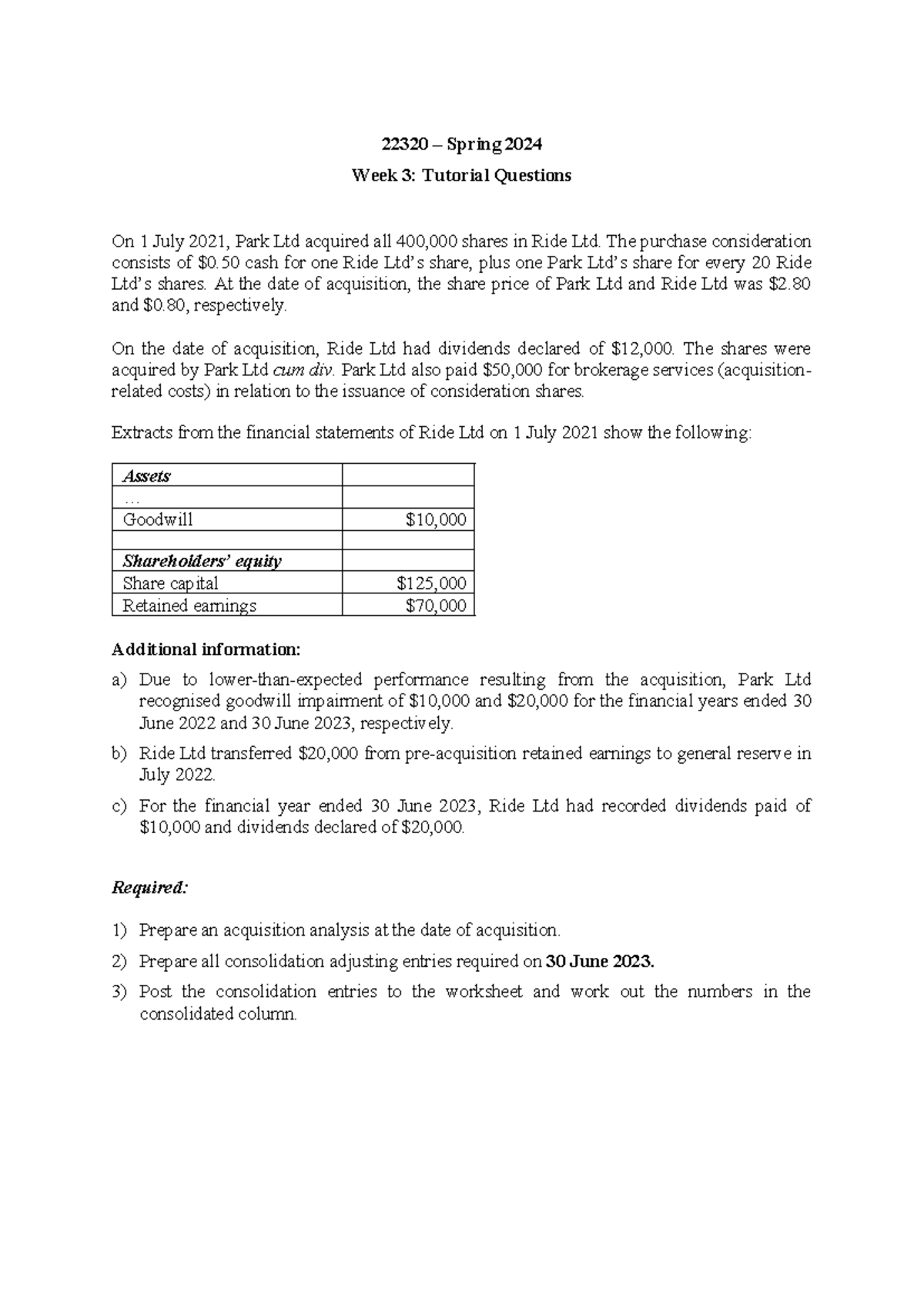 22320 Tutorial questions Week03 2024SPR - 22320 – Spring 2024 Week 3: Tutorial Questions On 1 ...