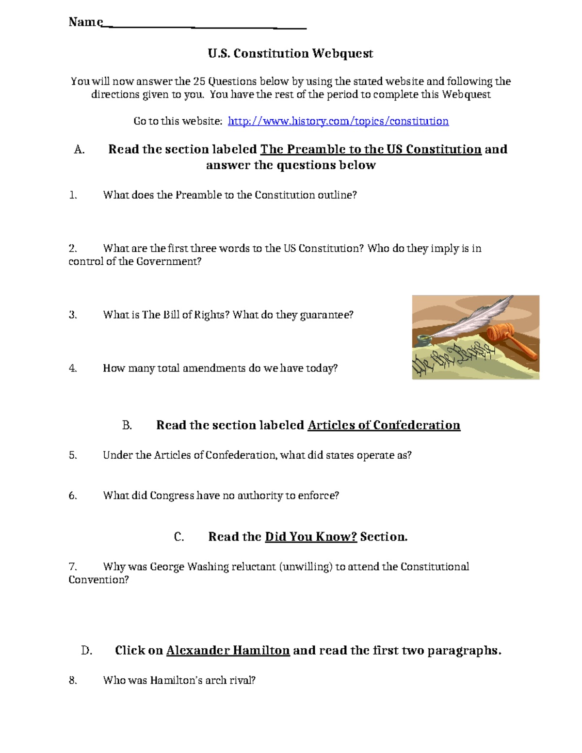 Online US Constitution Webquest - Name U. Constitution Webquest You ...