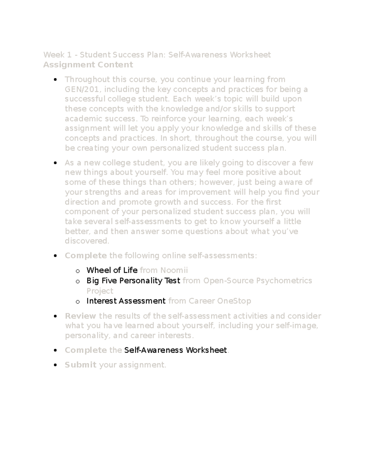 Week 1 - Student Success Plan Self Awareness Worksheet - Week 1 ...