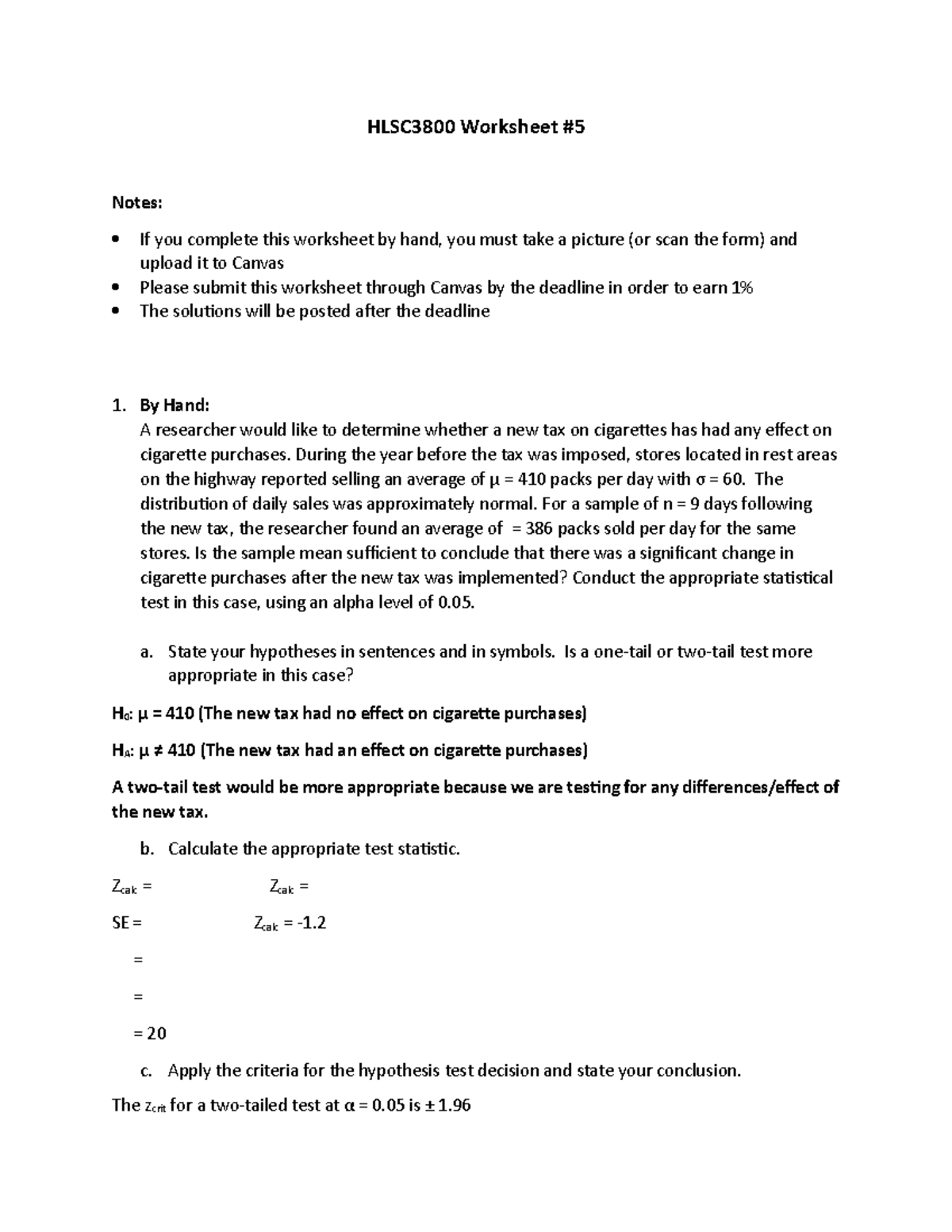 Worksheet 5 - Week 5 Z Statistic and T Statistic - HLSC3800 Worksheet ...