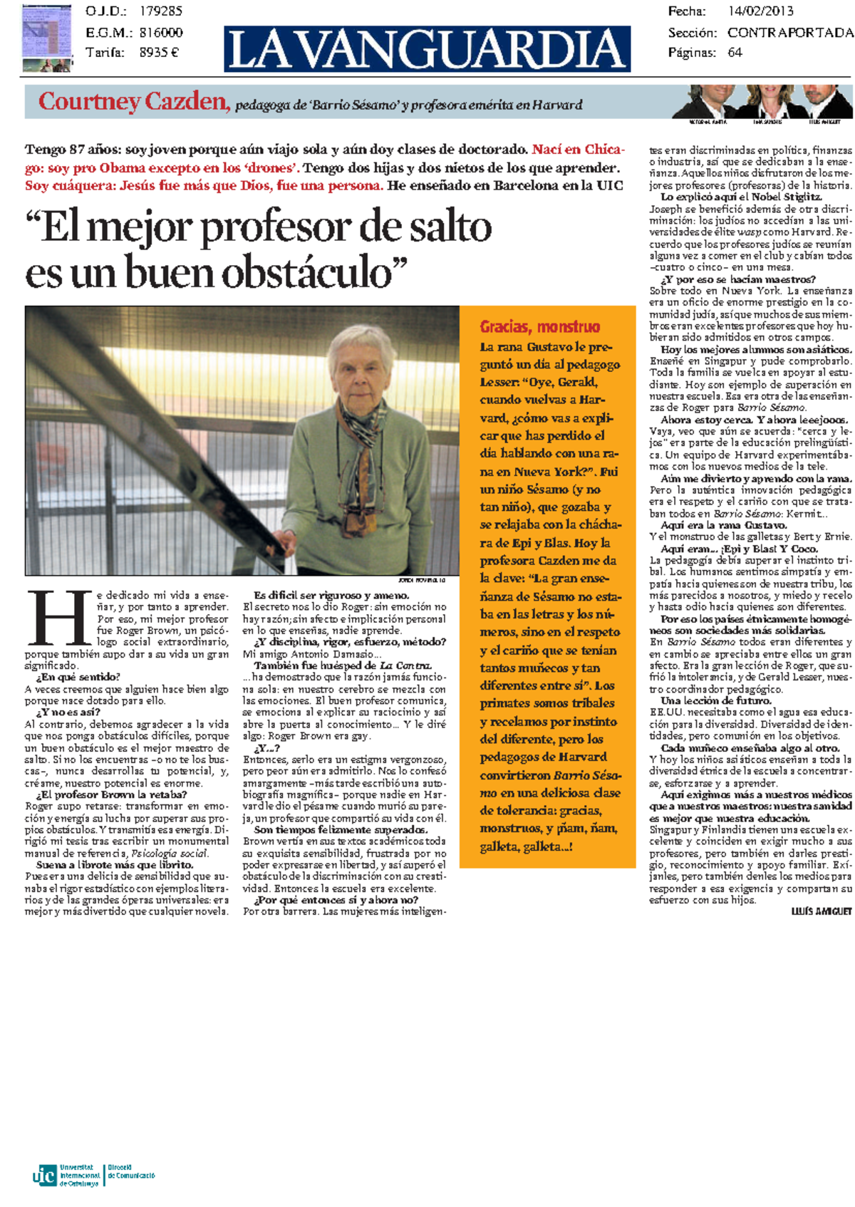 Artículo Cazden - JUEVES, 14 FEBRERO 2013 H e dedicado mi vida a ense ...