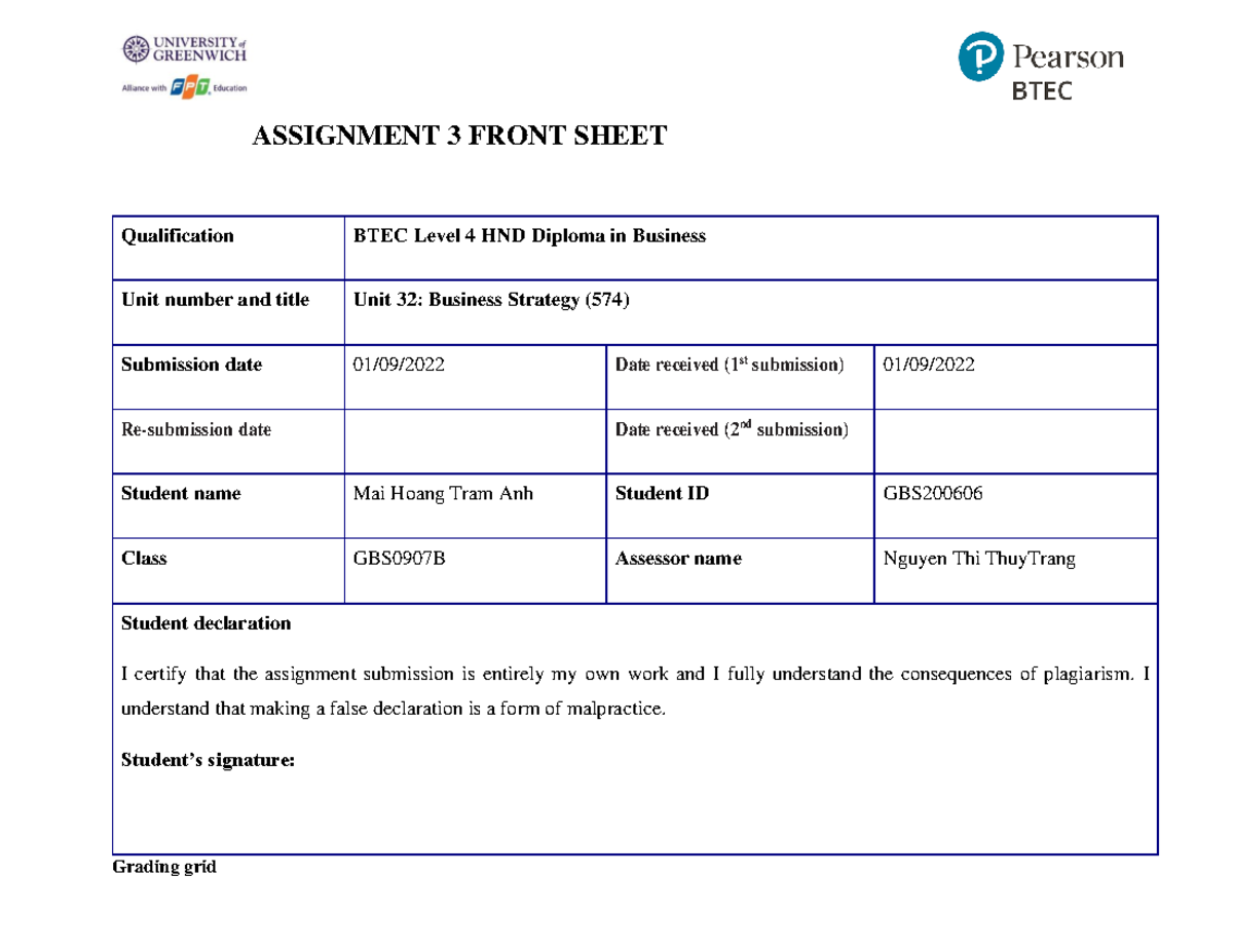 574 Mai Hoang Tram Anh GBS0907B - ASSIGNMENT 3 FRONT SHEET Qualification BTEC Level 4 HND ...