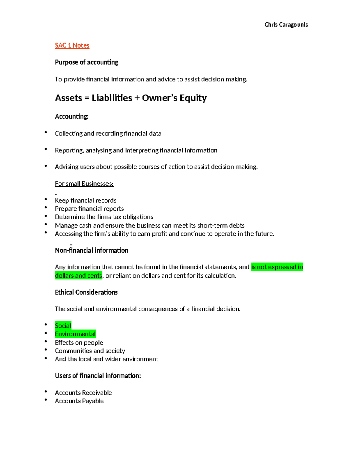 Accounting 3&4 notes - SAC 1 Notes Purpose of accounting To provide ...