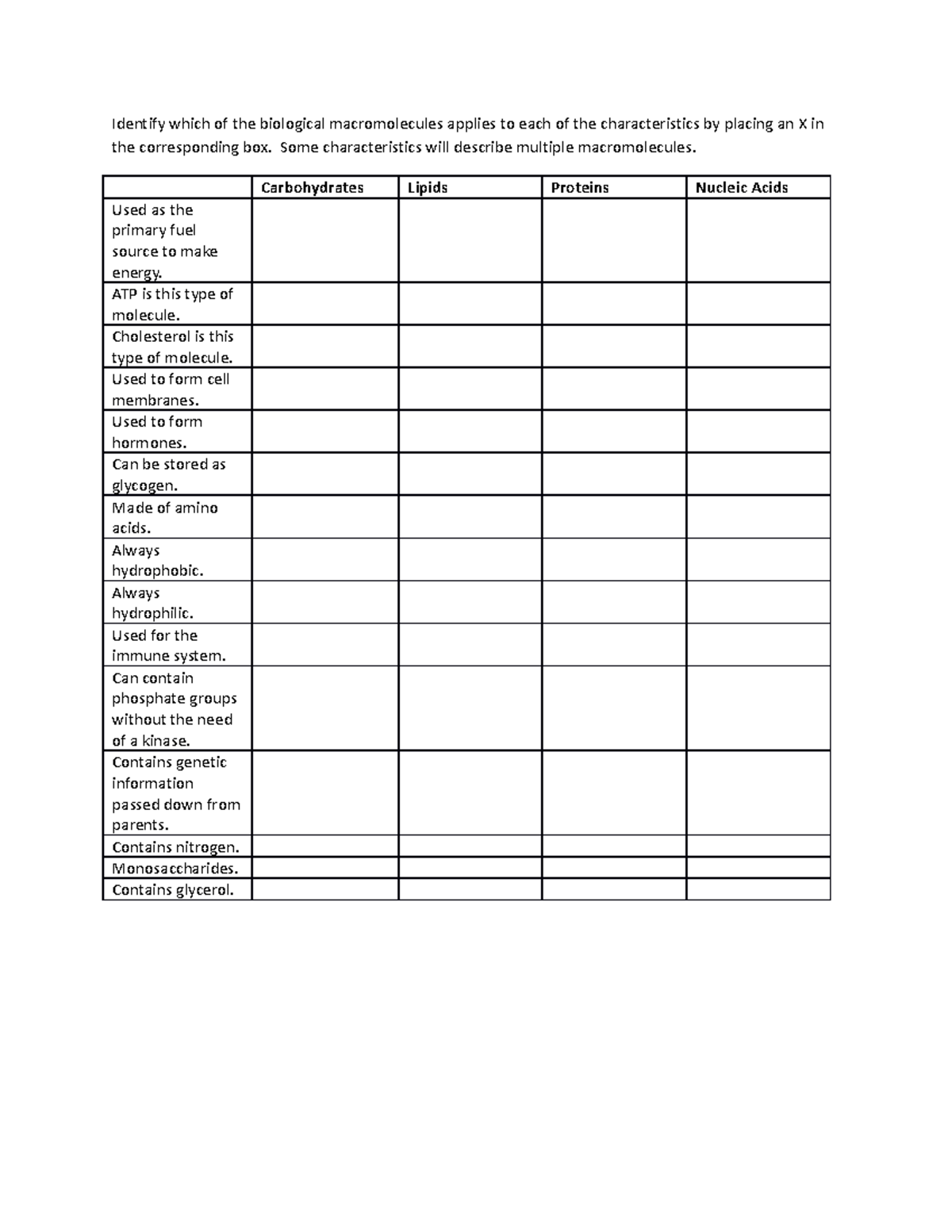 Biochemistry Workheet - Identify which of the biological macromolecules ...