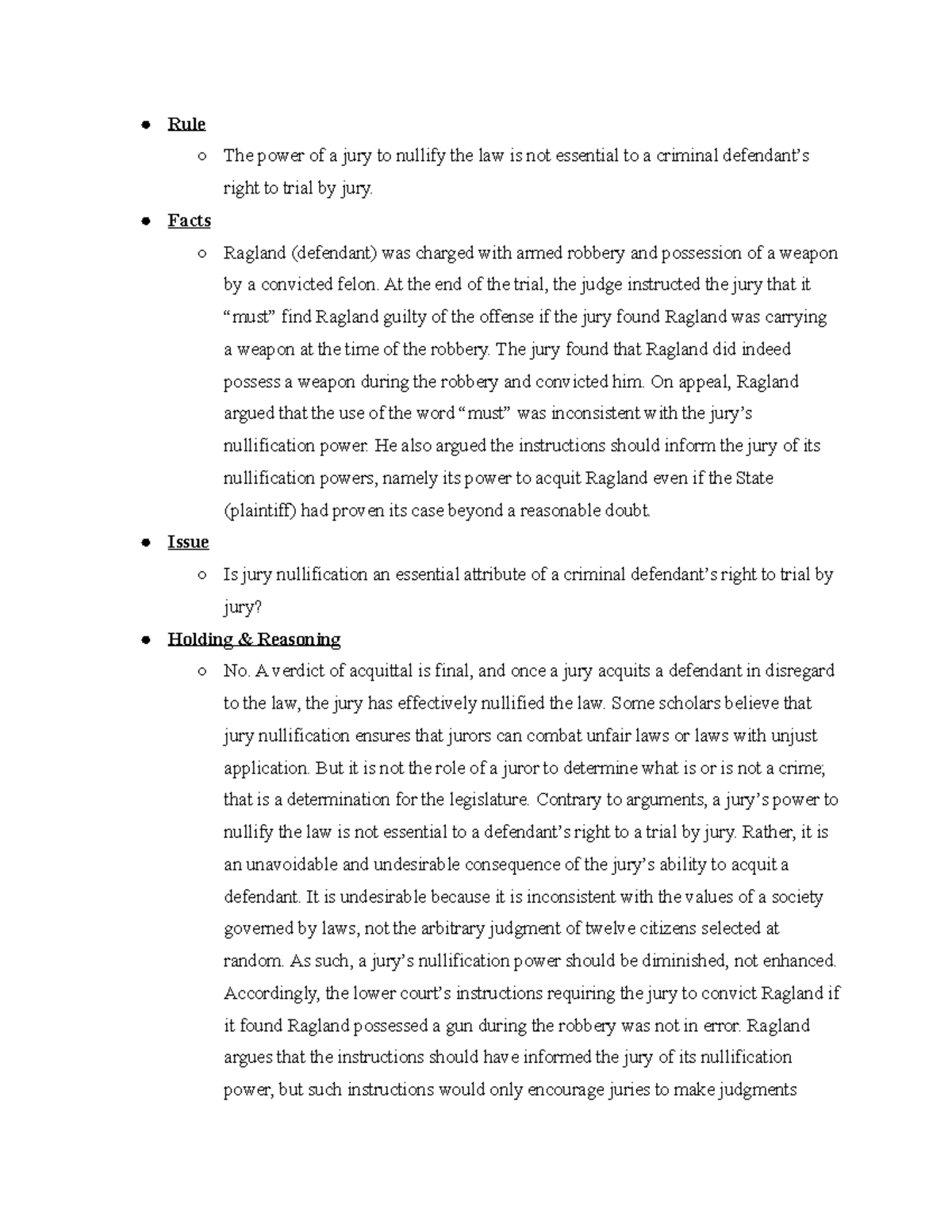 Crim Law 2022- State v. Ragland - Rule The power of a jury to nullify ...