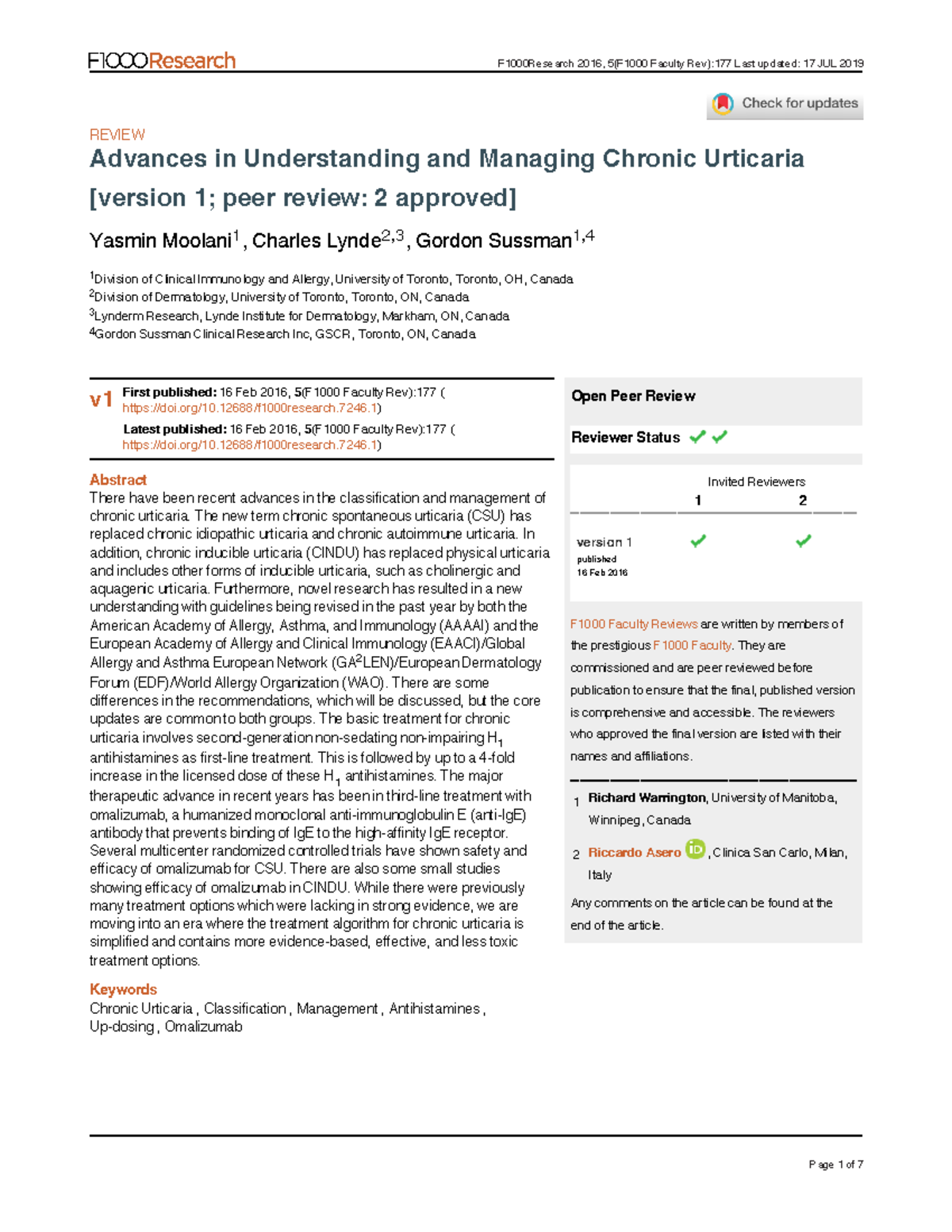 Advances in Understanding and Managing Chronic Urticaria gordon sussman ...