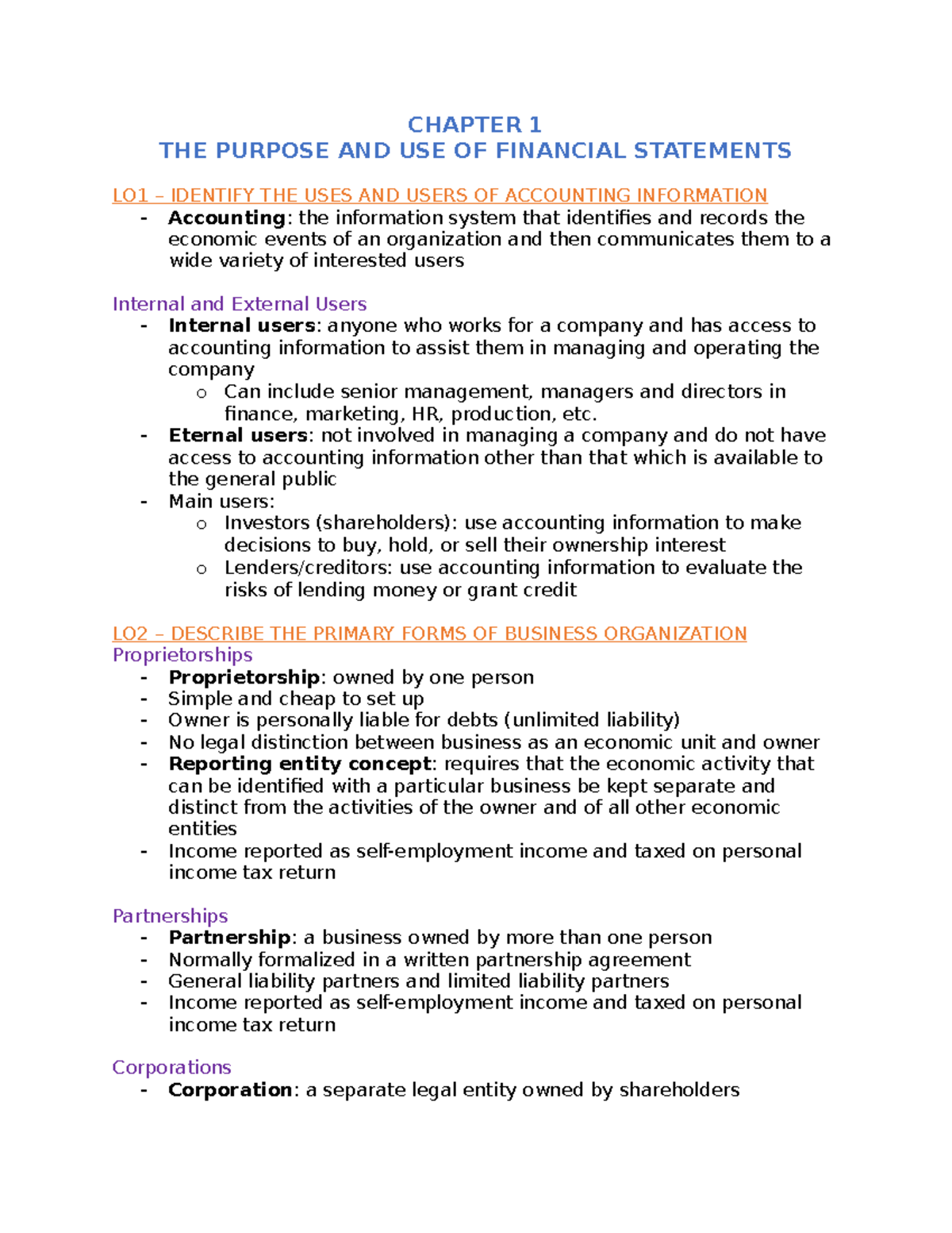 Chapter 1 - Intro Financial Accounting - CHAPTER 1 THE PURPOSE AND USE ...