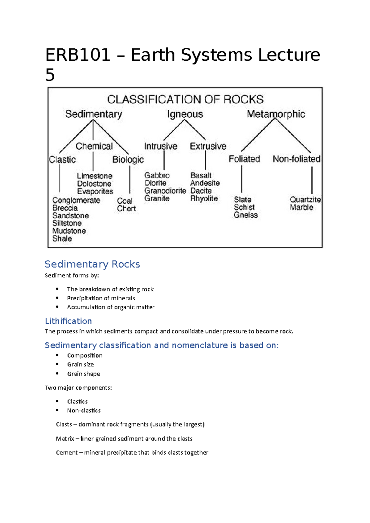 ERB101 Lecture 5 - ERB101 – Earth Systems Lecture 5 Sedimentary Rocks ...