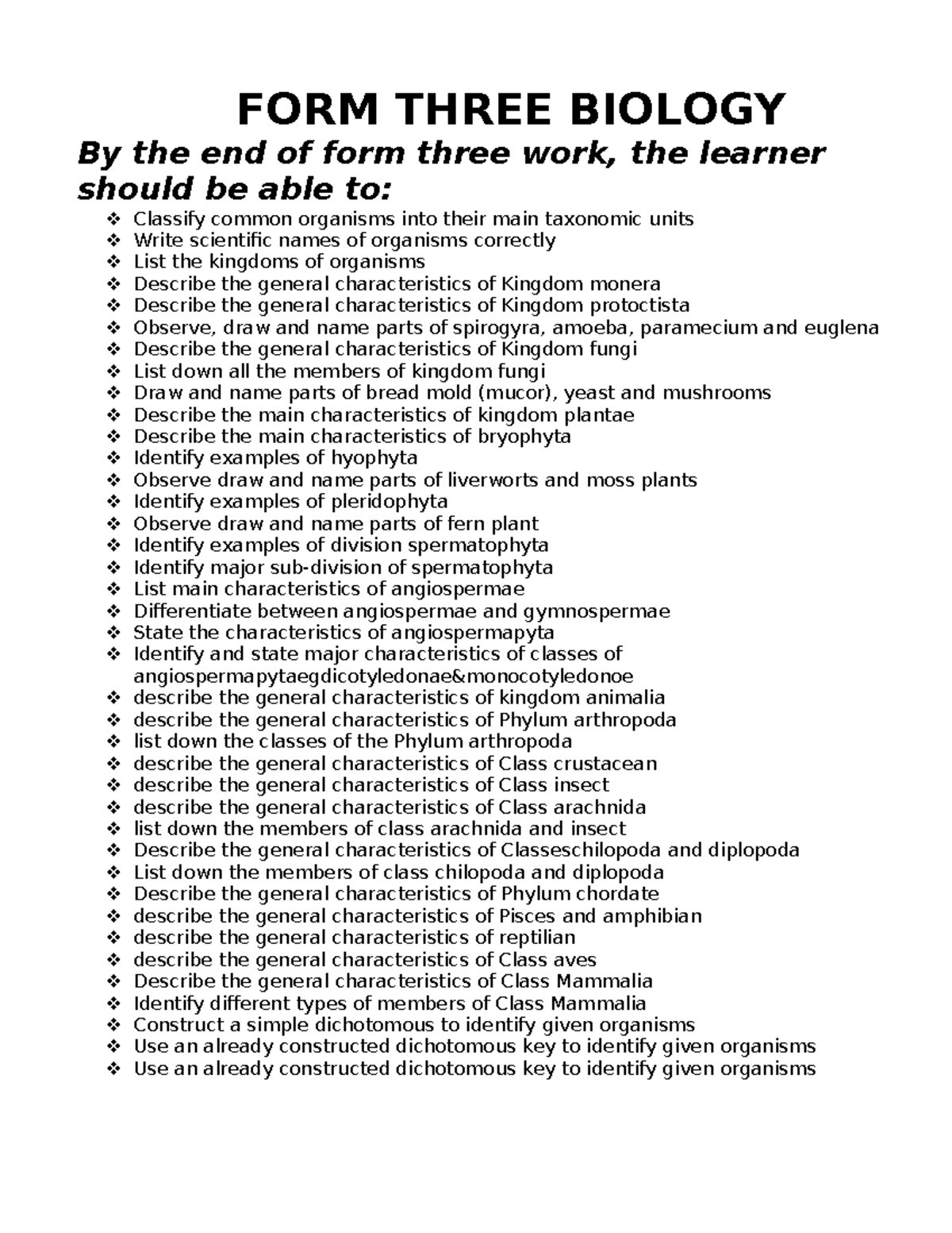FORM-3- Biology - FORM THREE BIOLOGY By the end of form three work, the ...