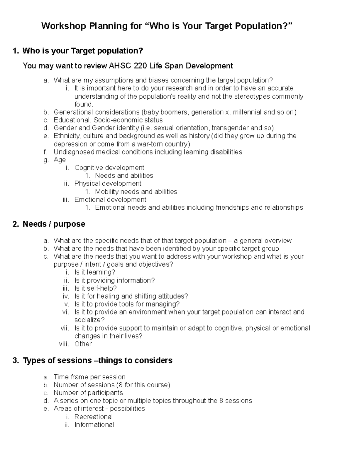 Workshop Planning for Who is your Target population - Workshop Planning ...