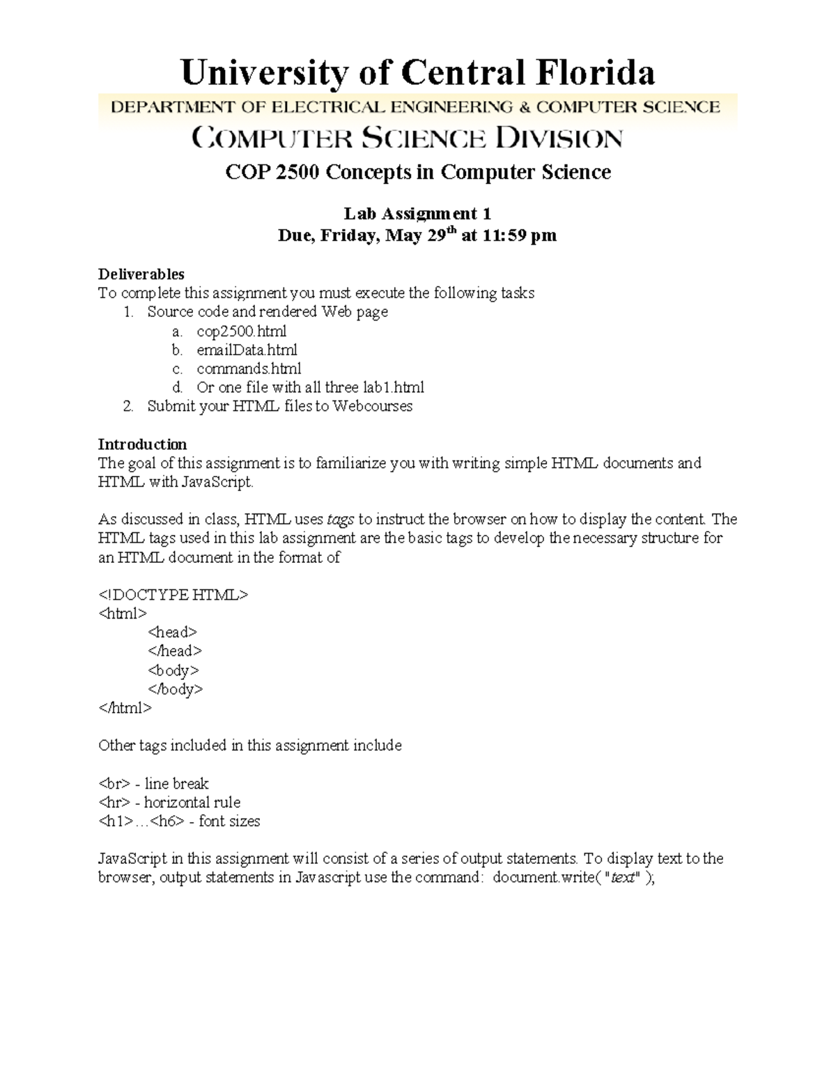 COP2500 Lab1 - University of Central Florida COP 2500 Concepts in Computer Science Lab ...
