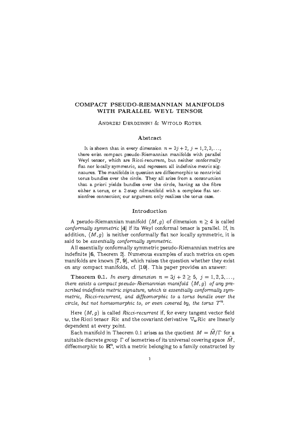 Compact pseudo-riemannian manifolds with parallel wyl tensor - COMPACT ...