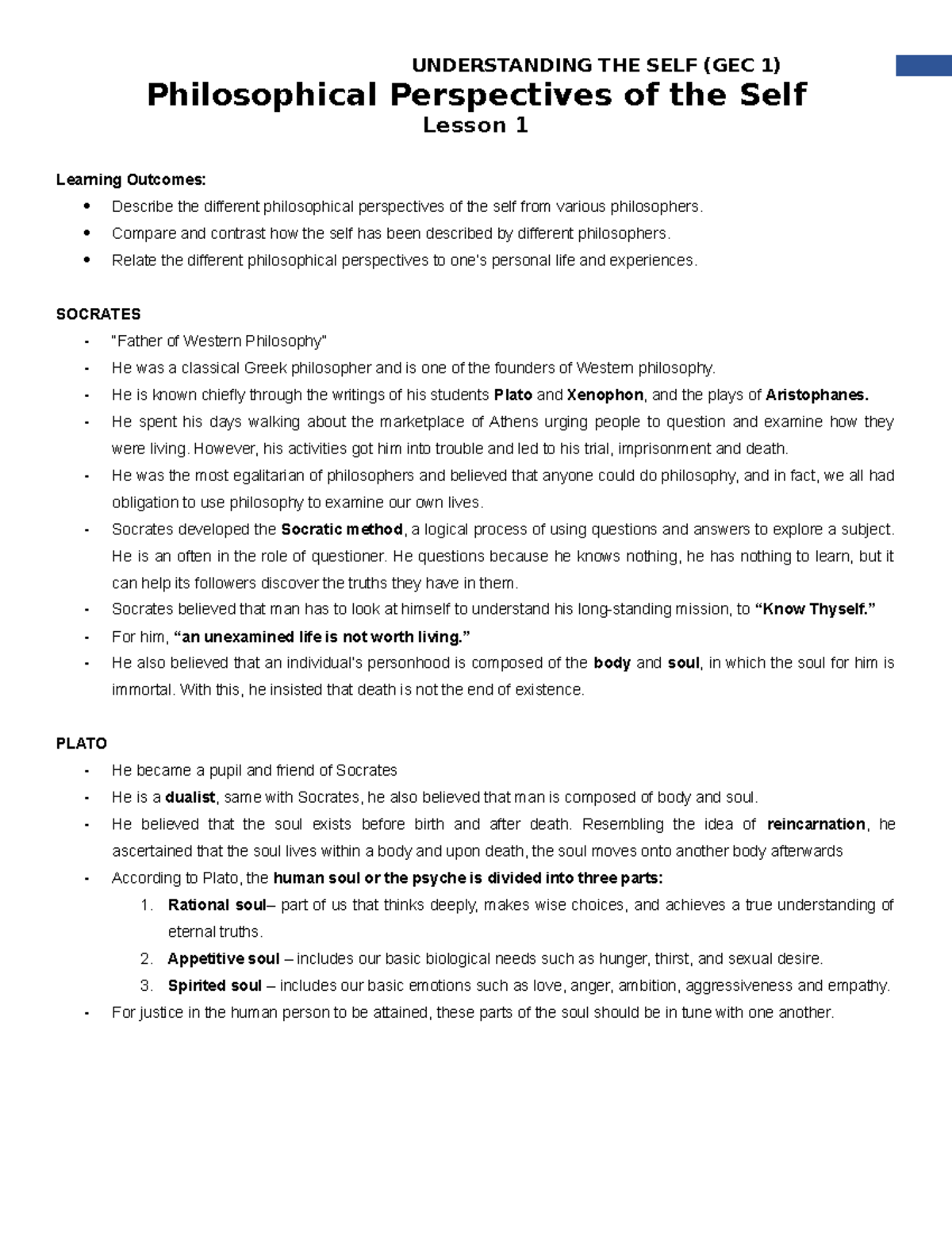 Philosophical Perspectives of the Self - Compare and contrast how the self has been described by ...