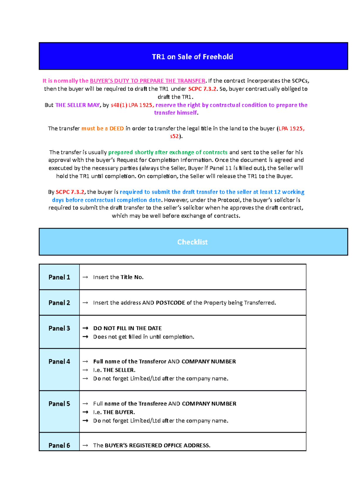 W8:W9- Completion PART 2 - TR1 on Sale of Freehold It is normally the ...