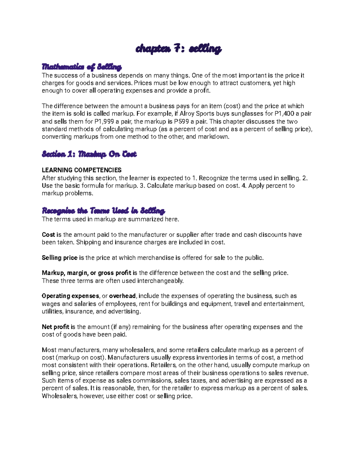 [ FIN 1 21] Selling (Markup) - chapter 7: selling Mathematics of ...
