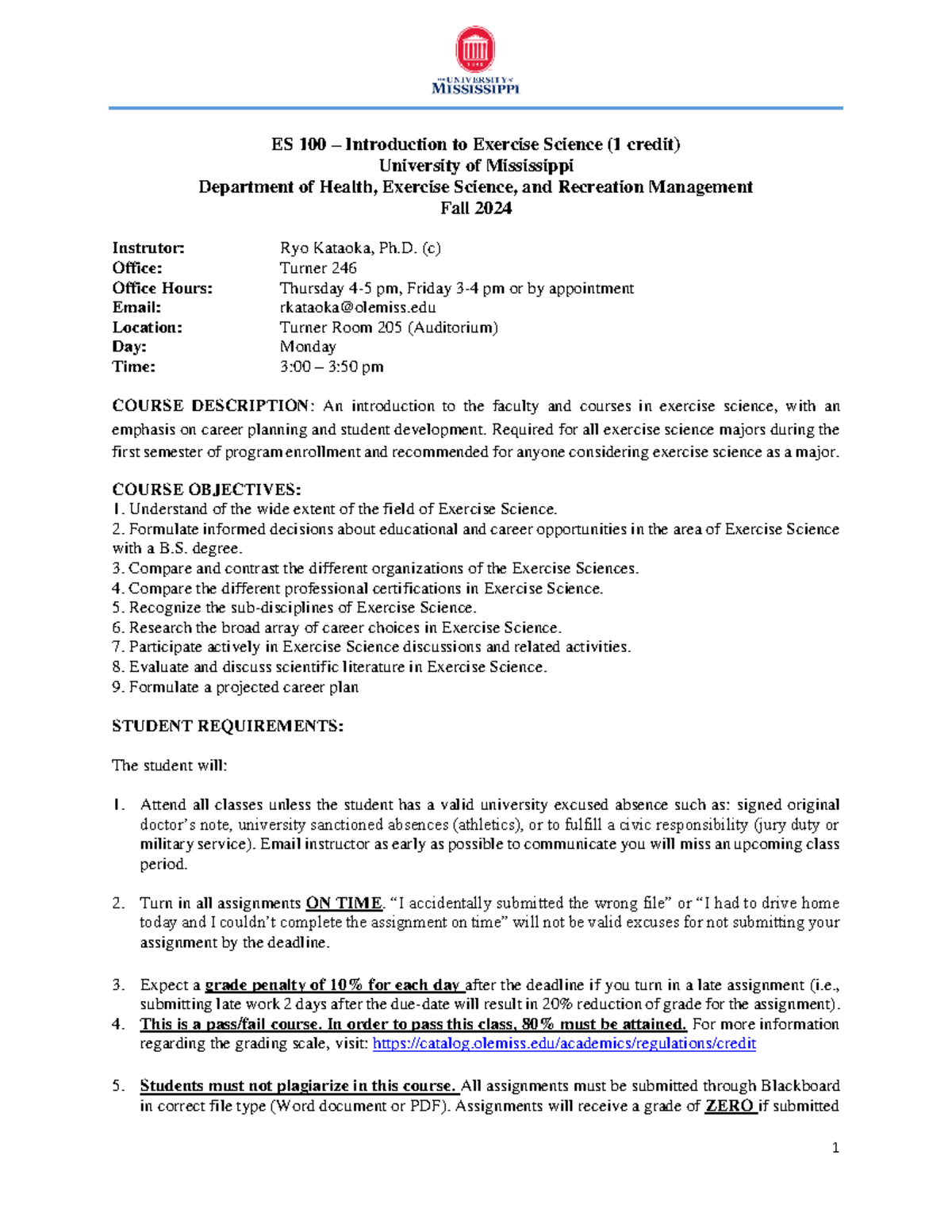 Intro to ES syllabus - ES 100 – Introduction to Exercise Science (1 ...
